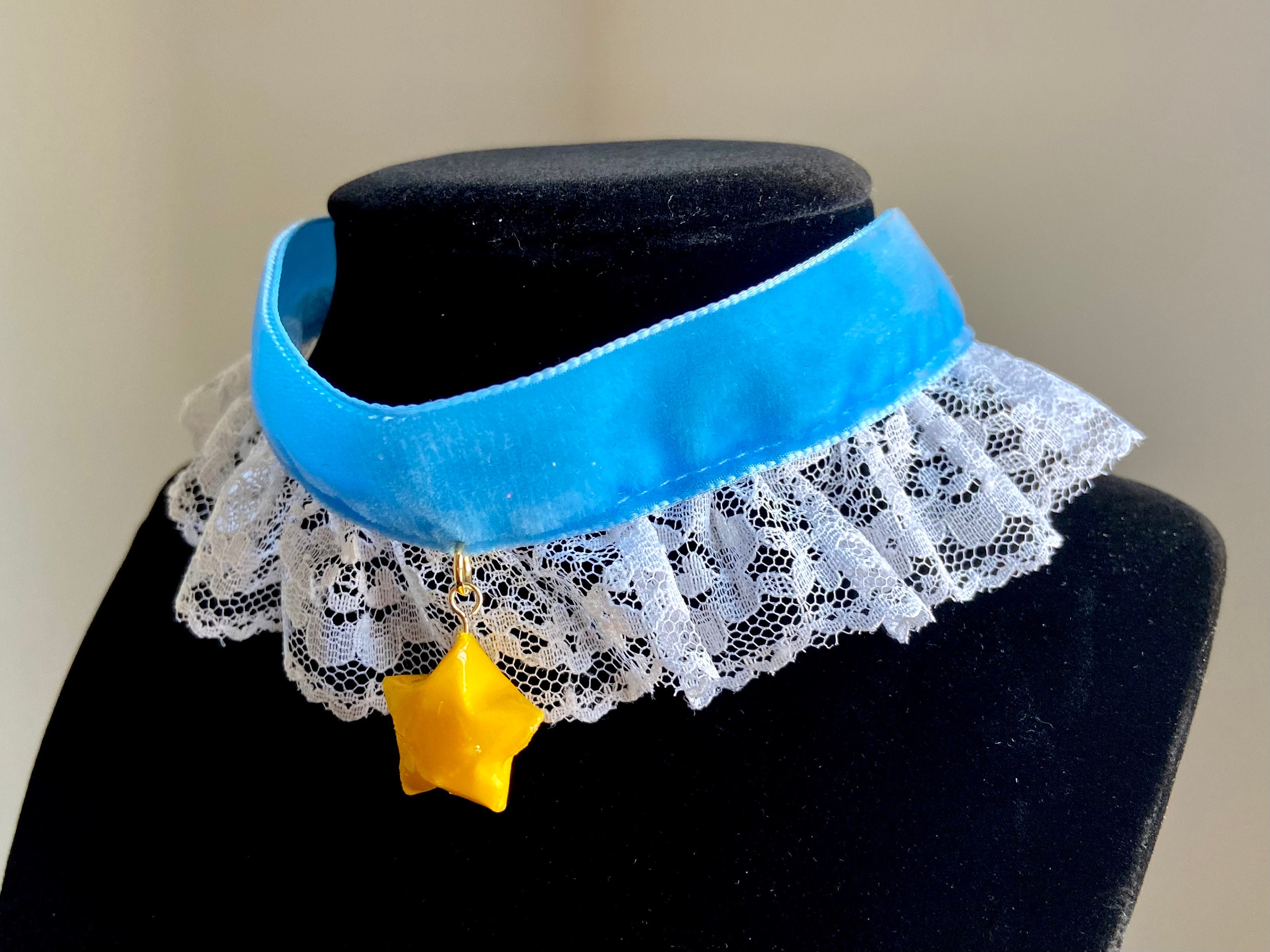 Sky Blue Velvet Lucky Star Choker With Lace, Adjustable, Gold Hardware ...