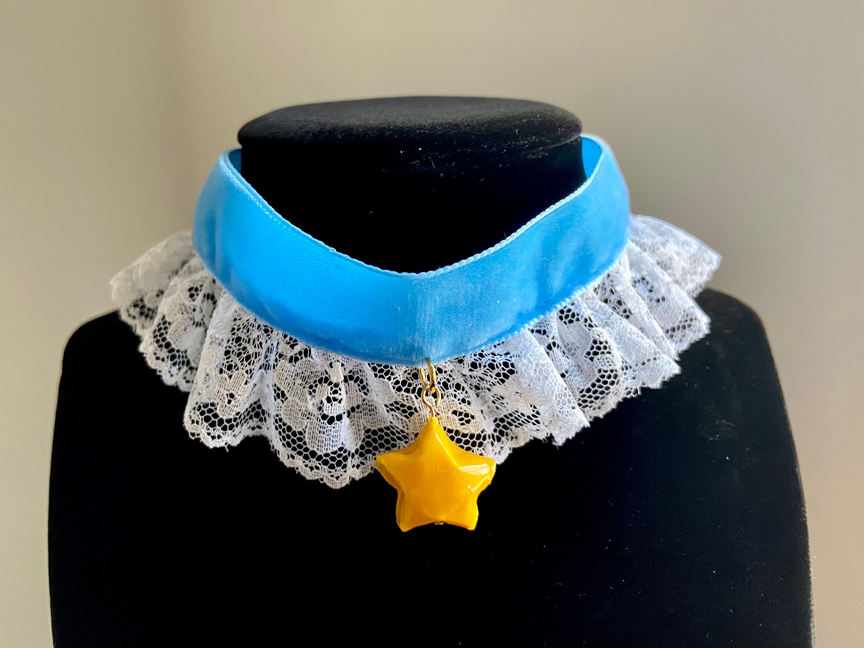 Sky Blue Velvet Lucky Star Choker With Lace, Adjustable, Gold Hardware ...