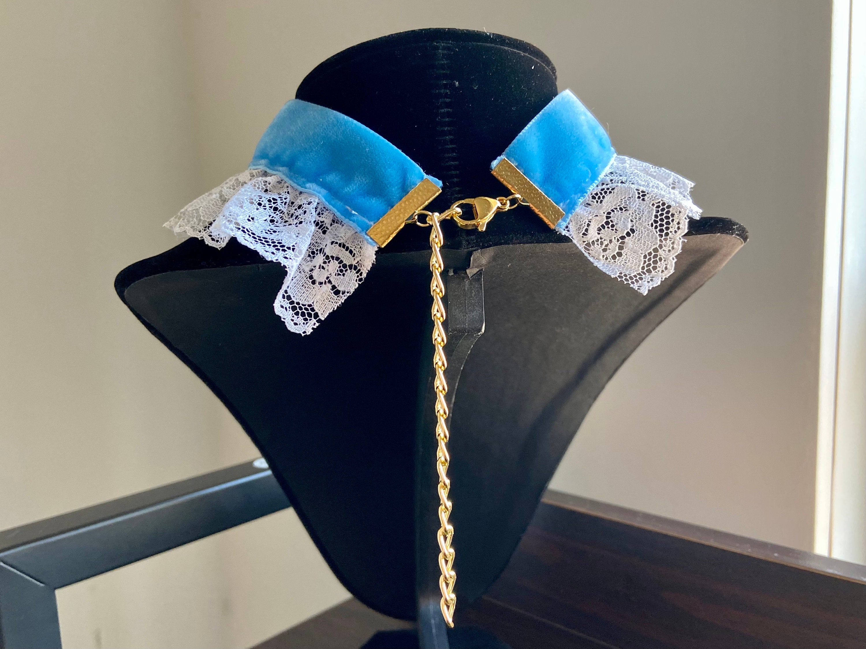 Sky Blue Velvet Lucky Star Choker With Lace, Adjustable, Gold Hardware ...