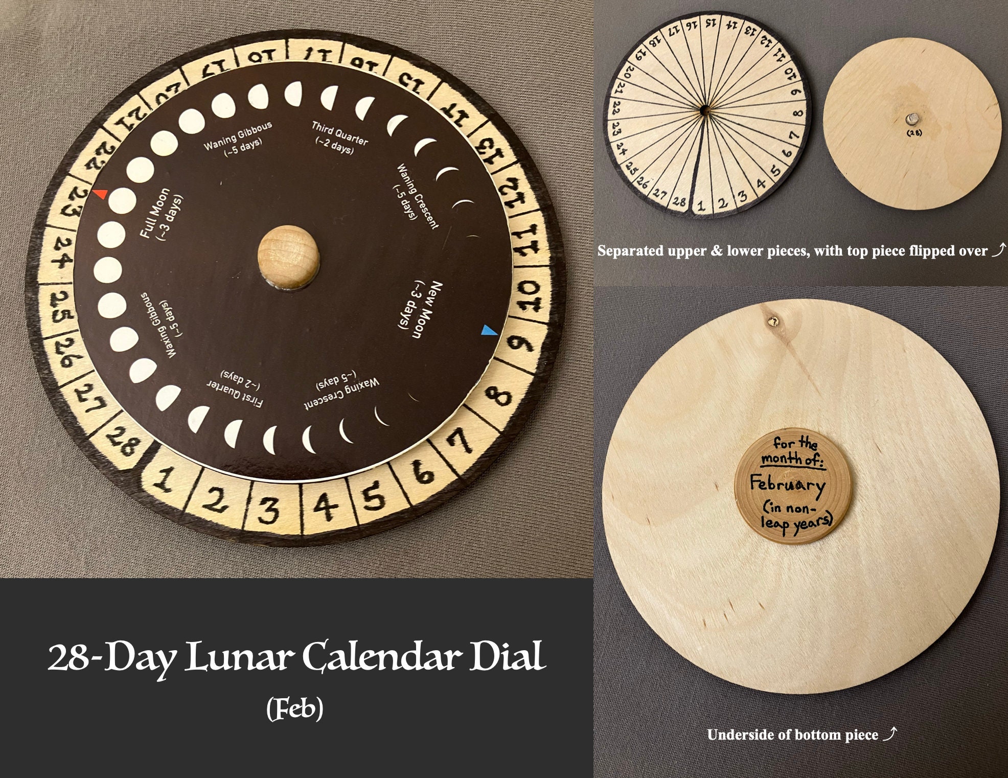 Handmade Rotating Wooden Lunar Calendar Set: Moon Phase Perpetual Desk ...