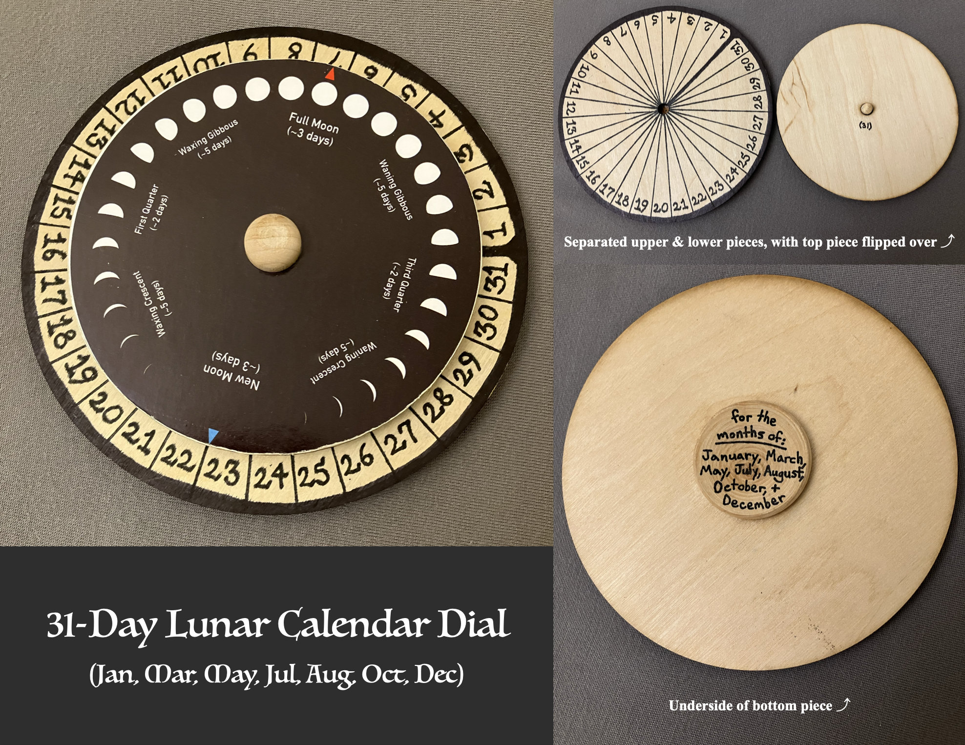 Handmade Rotating Wooden Lunar Calendar Set: Moon Phase Perpetual Desk ...