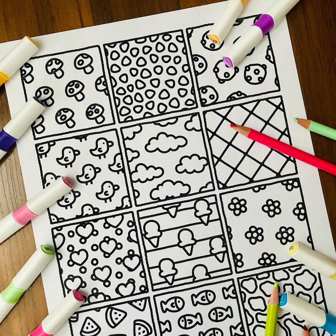 Super Cute Patterns Coloring Page Digital Download Random Collage ...