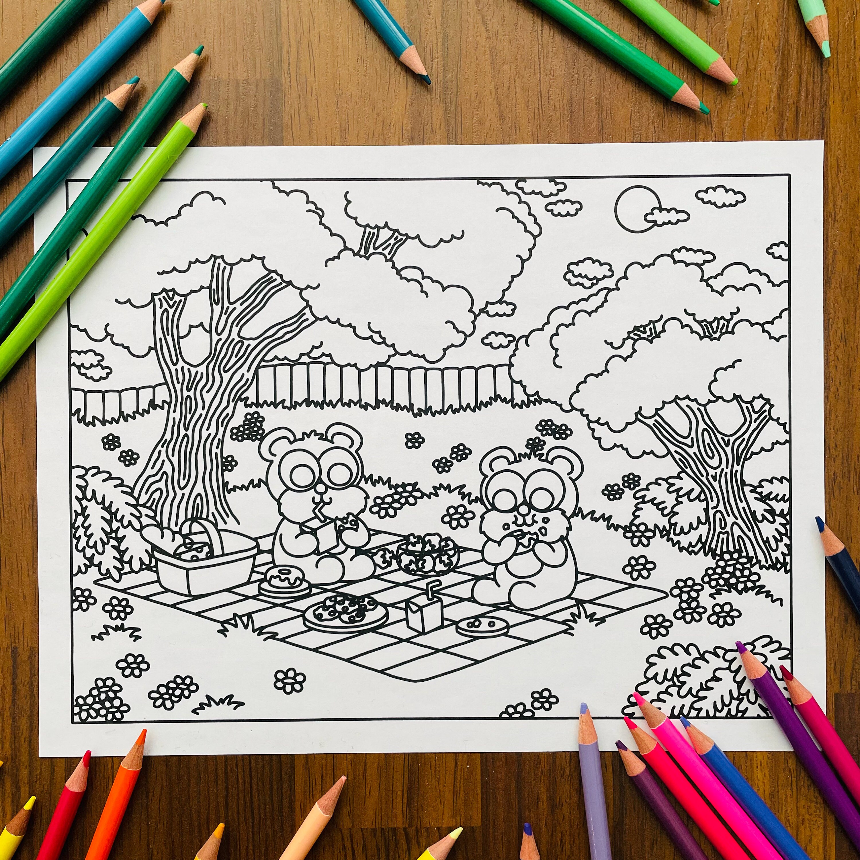 Little Bears Cozy Picnic Digital Download Coloring Page | Cute Cartoon ...