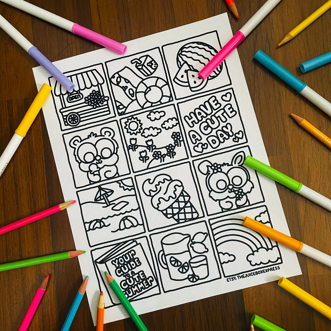 Cute Summer Collage Digital Download Coloring Pages Sunny Adorable ...