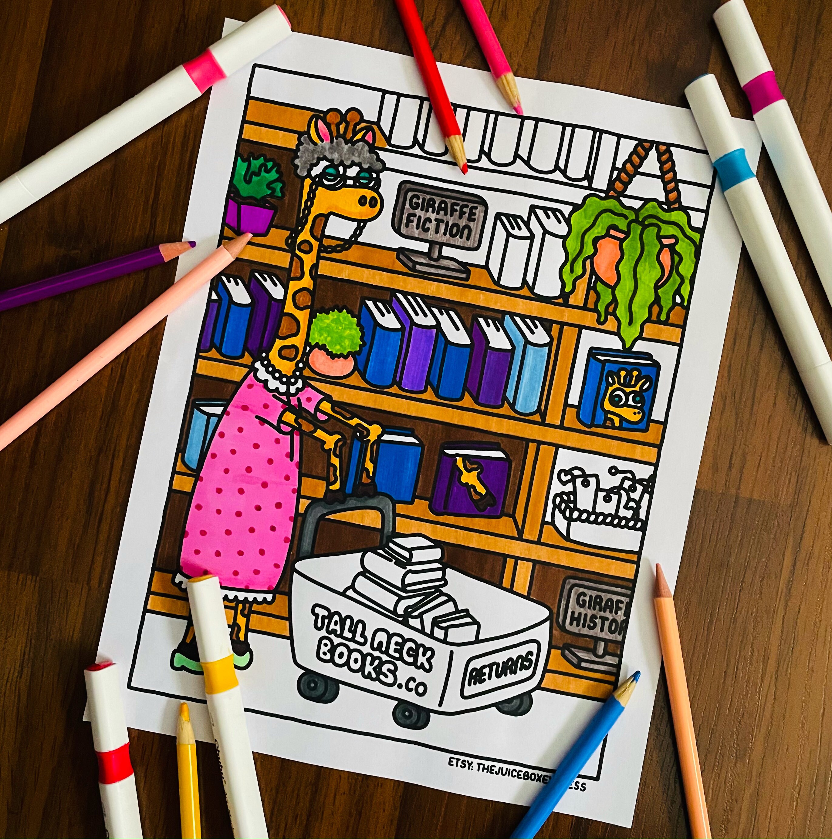 Giraffe Librarian Digital Download Coloring Page Funny Cute Animals PDF ...