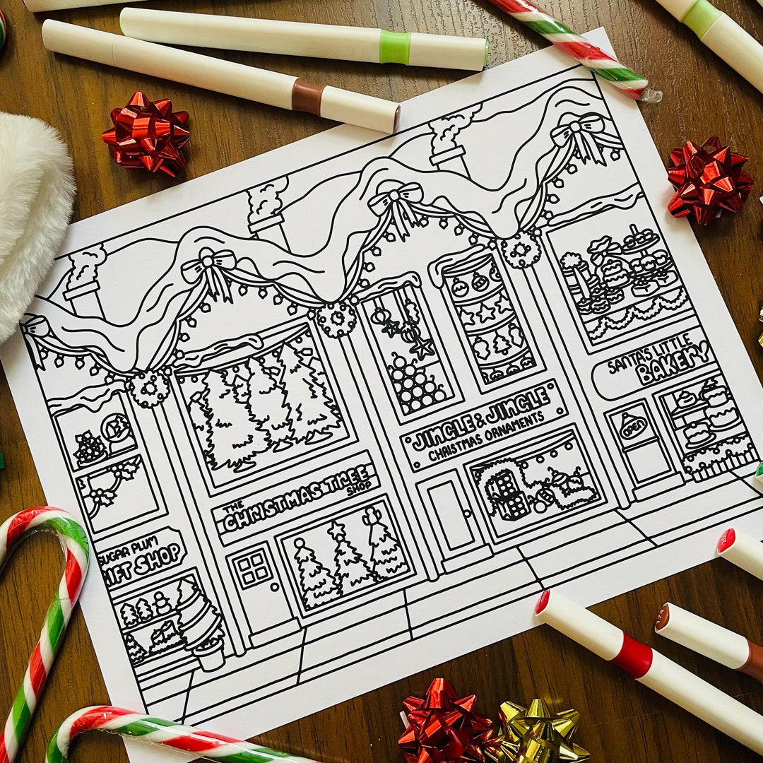 Christmas Shops Coloring Page | Festive Winter Holiday Digital Download ...