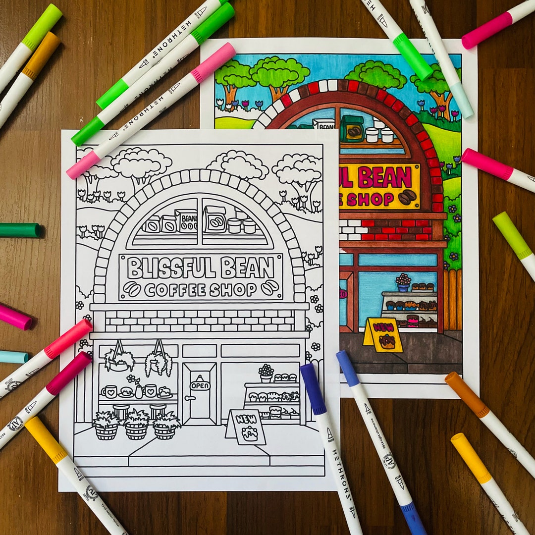 Blissful Bean Coffee Shop Coloring Page |cute Cafe Storefront Digital ...