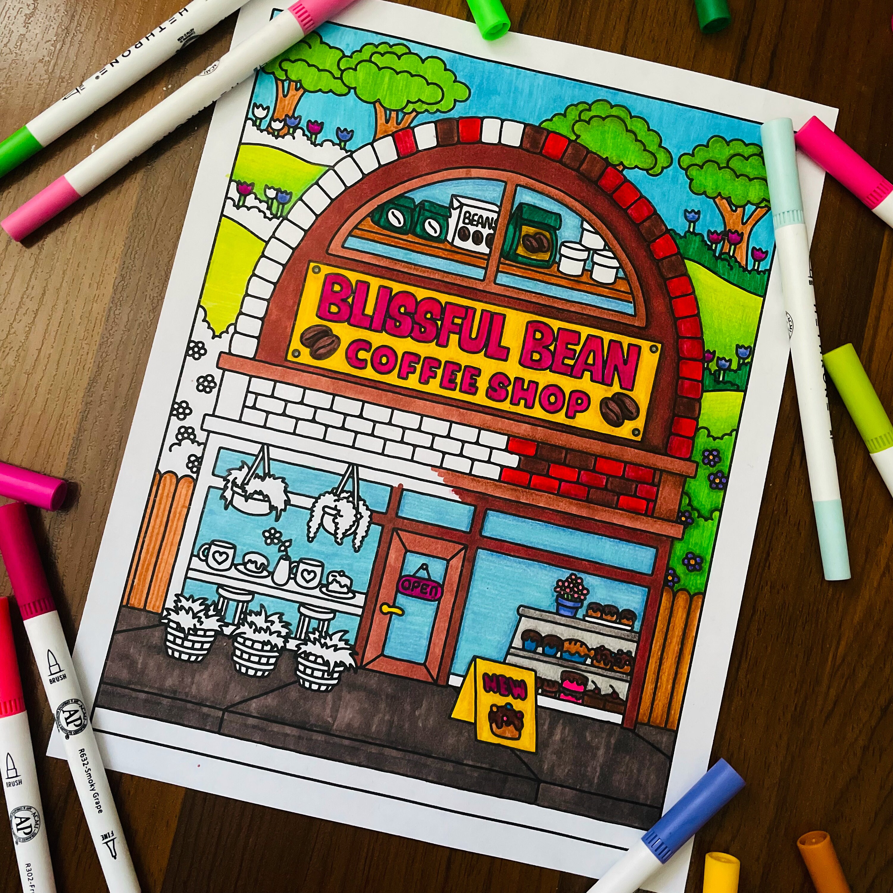 Blissful Bean Coffee Shop Coloring Page |cute Cafe Storefront Digital ...