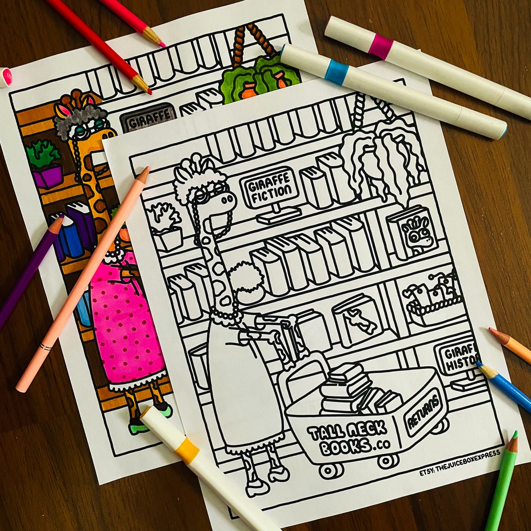 Giraffe Librarian Digital Download Coloring Page Funny Cute Animals PDF ...