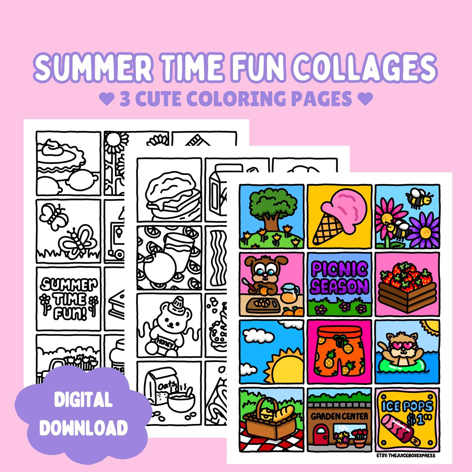 Cute Summer Collage Digital Download Coloring Pages | Sunny Adorable ...
