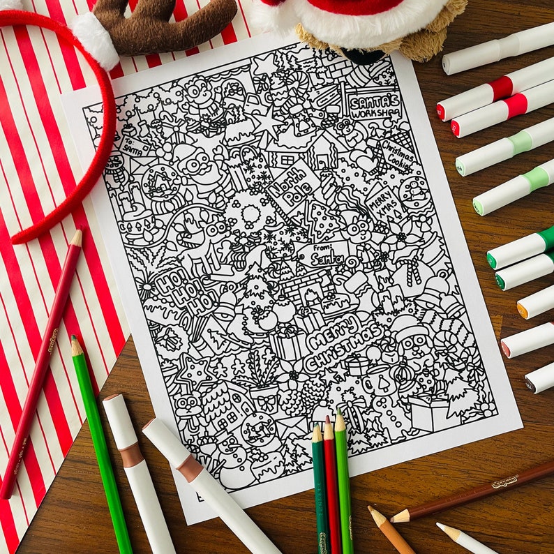 Cute Christmas Collage Coloring Page Festive Holiday Printable Digital ...