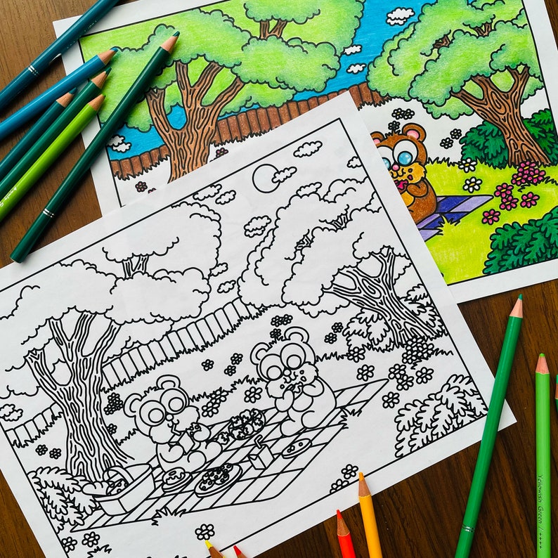 Little Bears Cozy Picnic Digital Download Coloring Page | Cute Cartoon ...