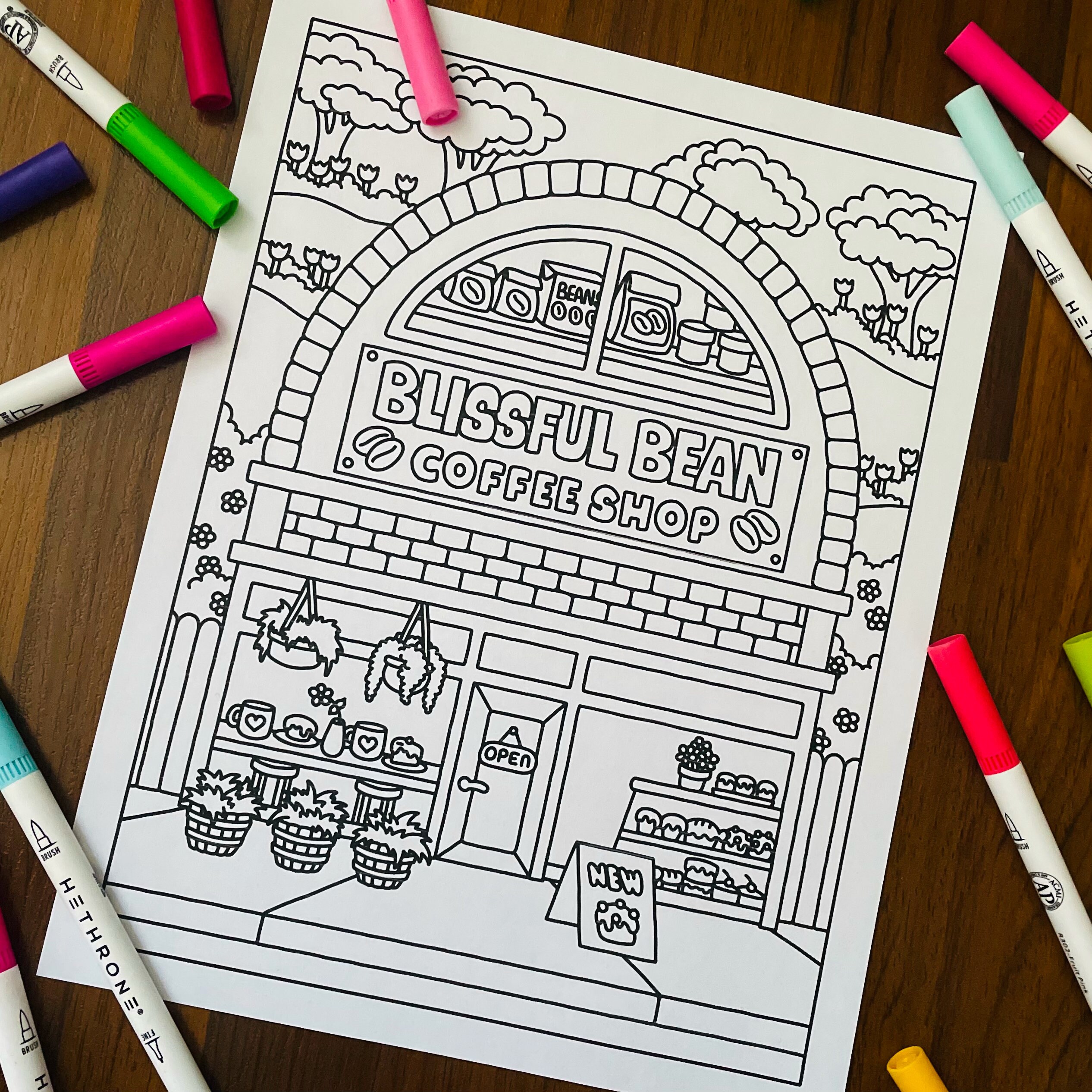 Blissful Bean Coffee Shop Coloring Page cute Cafe Storefront Digital ...