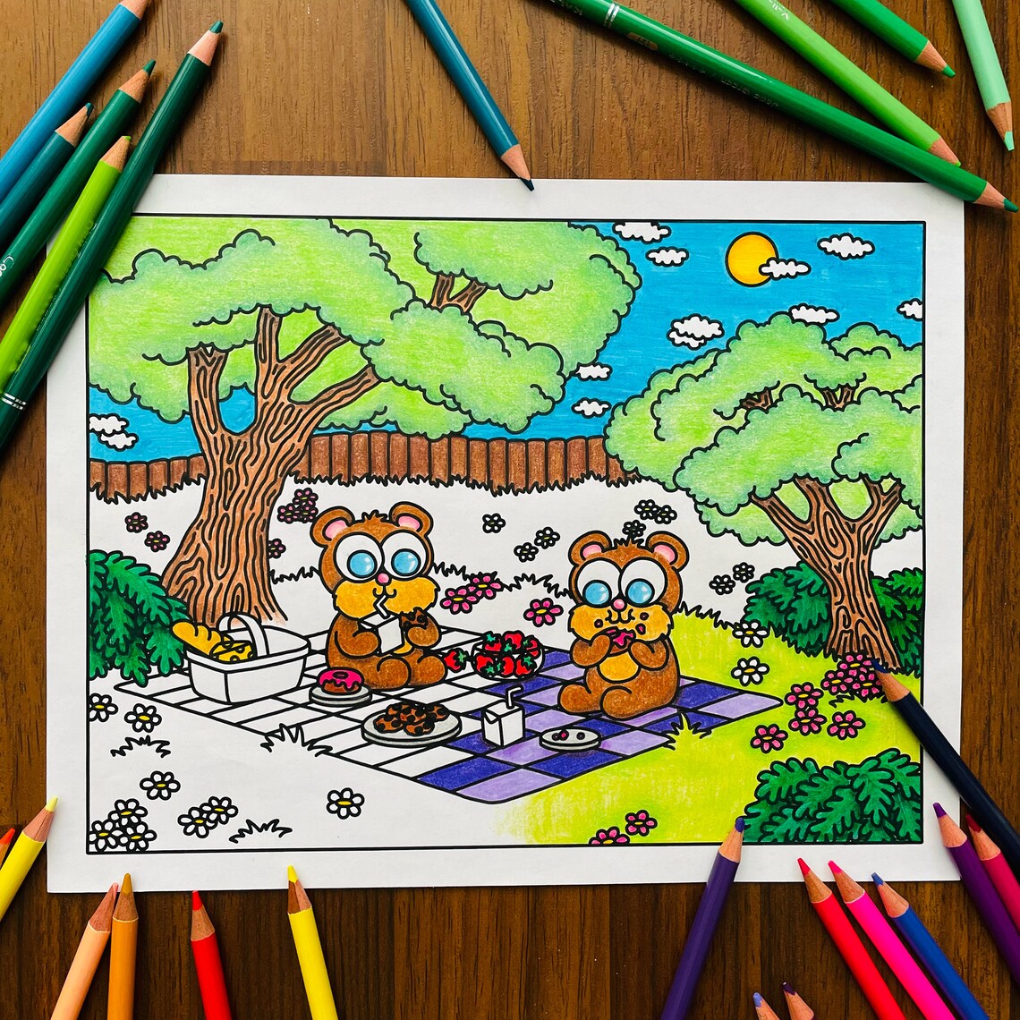 Little Bears Cozy Picnic Digital Download Coloring Page | Cute Cartoon ...