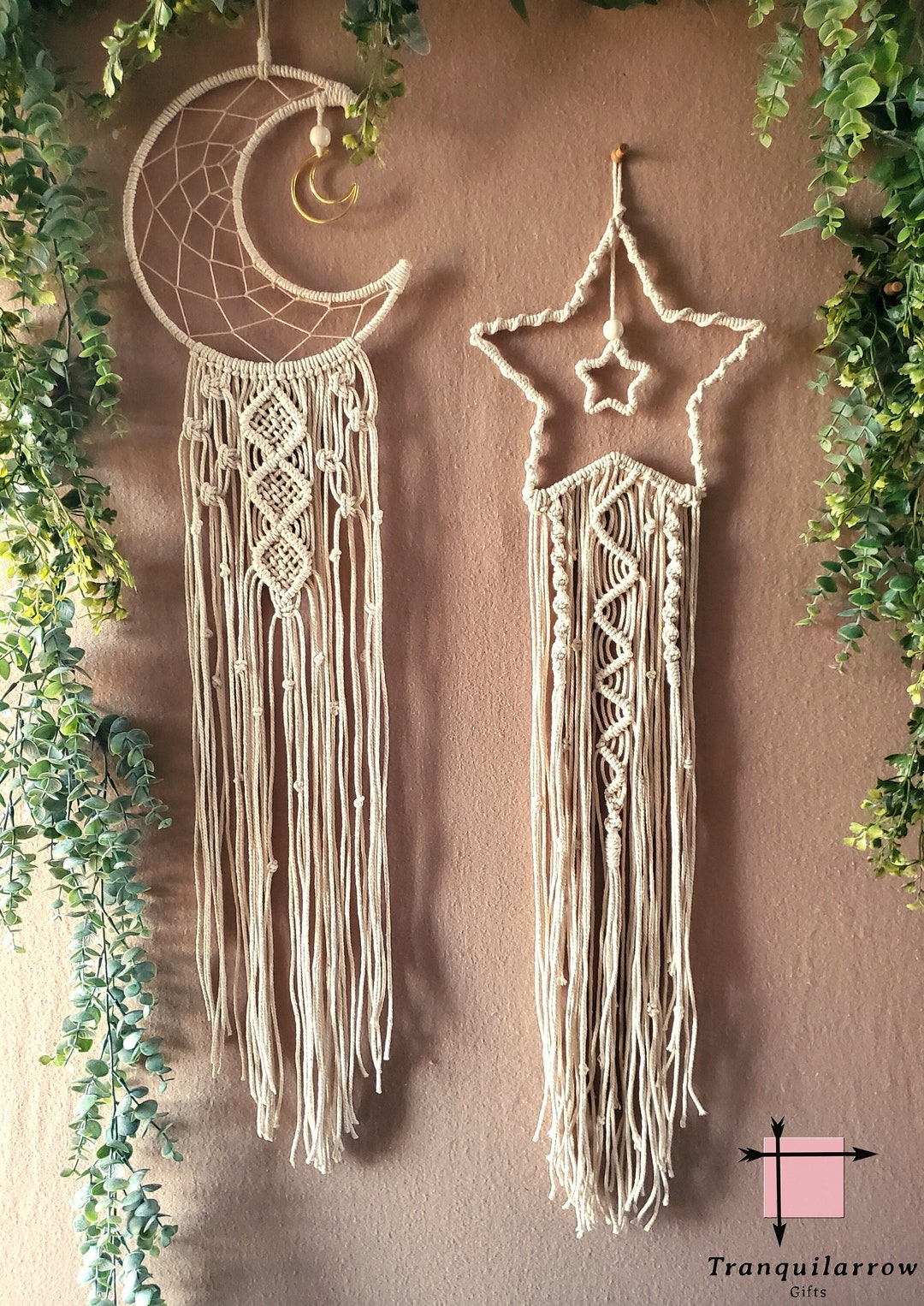 Macrame Star and Crescent Moon Wall Hanging Set, Bedroom Boho Lunar ...