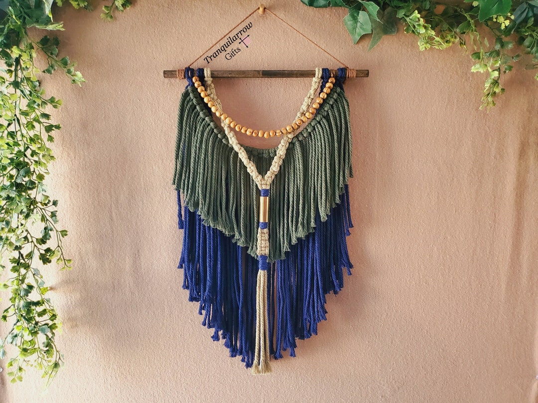 Tranquil Layered Macrame Navy Blue and Olive Green Wall Hanging With Wooden Beads - Etsy
