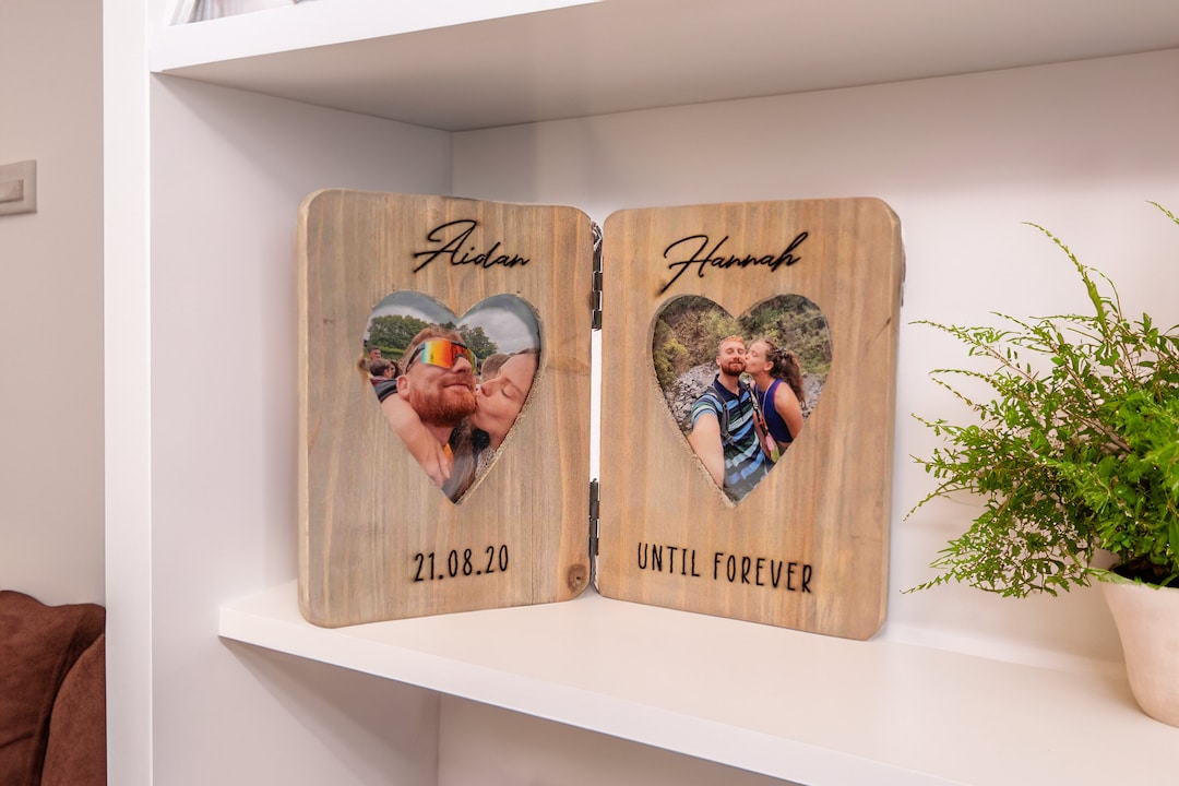 Personalised Double Heart Photo Frame - Holding 2x 4x6 Photos, Wooden ...
