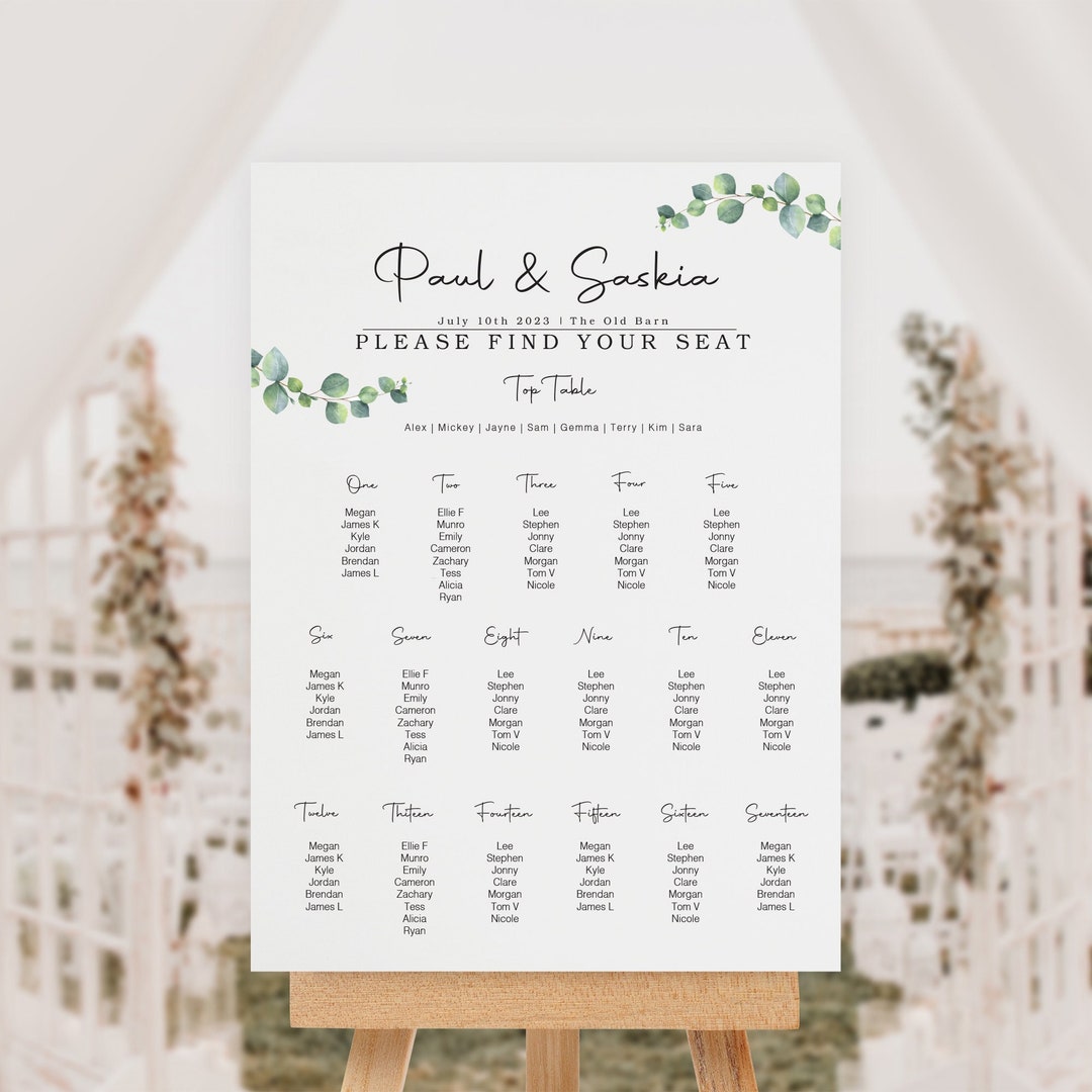 Wedding Table Plan, Greenery Wedding, Find Your Seat Sign, Eucalyptus ...