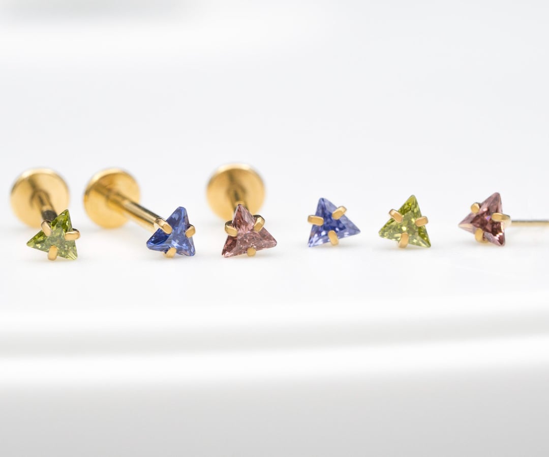 Peridot Triangle Titanium Stud: Threadless Push Pin Gold Earring - Etsy