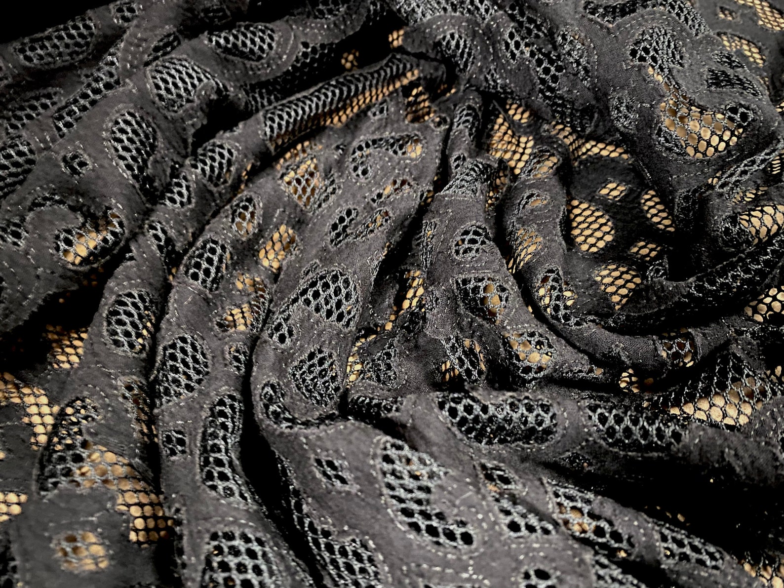 Couture Fishnet Fabric With Damask Swirl Appliqué, per Metre - Black on ...