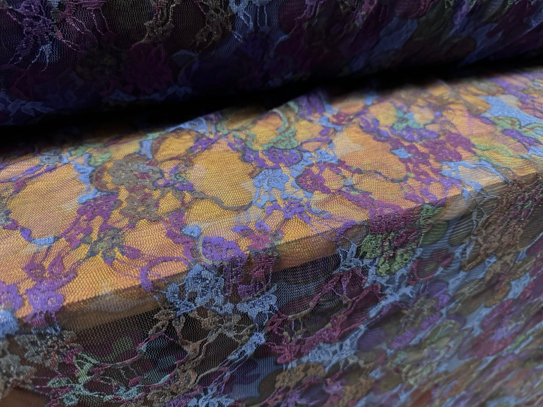 Stretch Spandex Mesh Lace Fabric, per Metre - Flower Print - Blue ...