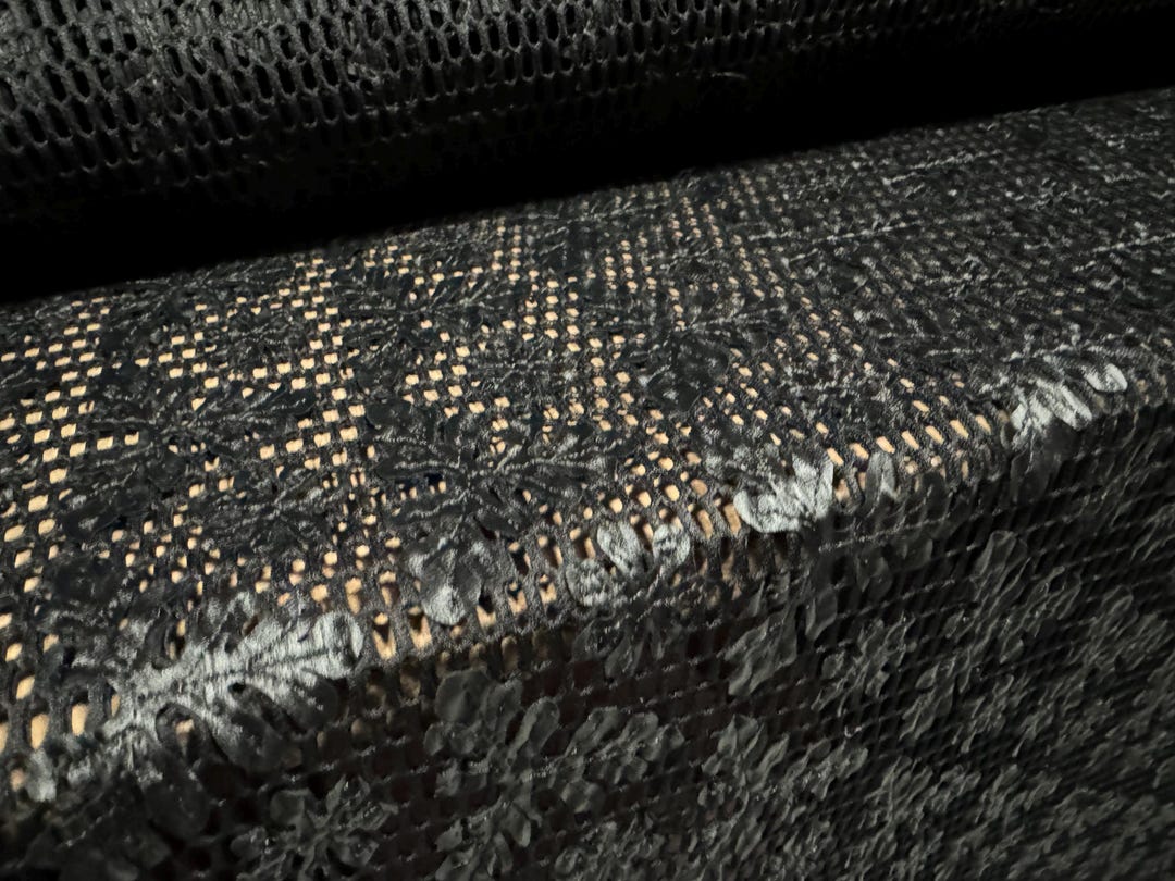 3D Scuba Fishnet Fabric, per Metre - Embossed Flower Design - Black on ...