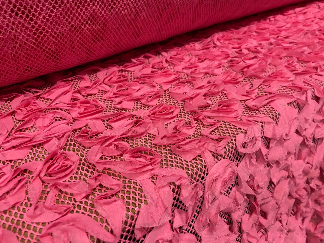 Fishnet Mesh Fabric With Ribbon Lace Floral Appliqué, per Metre Pink ...