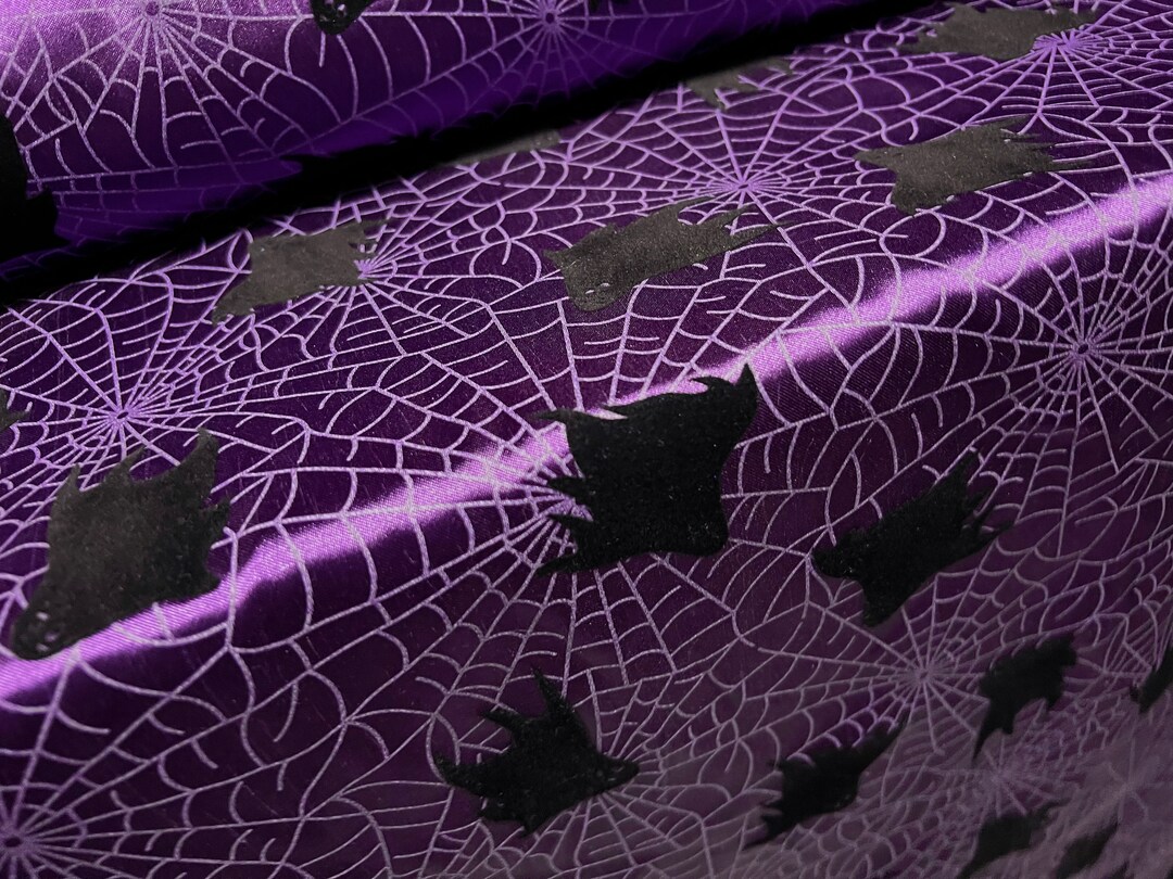 Satin Dress Fabric, per Metre - Cobwebs and Flocked Ghosts Print ...