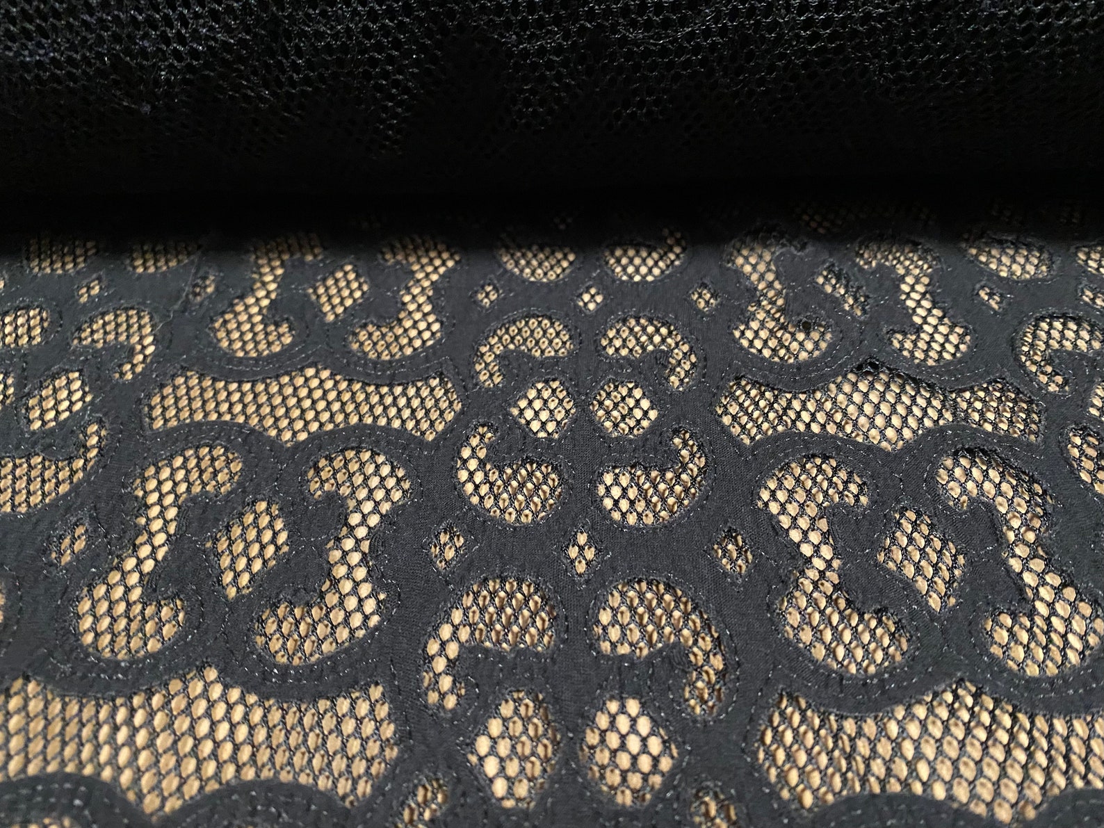 Couture Fishnet Fabric With Damask Swirl Appliqué, per Metre - Black on ...