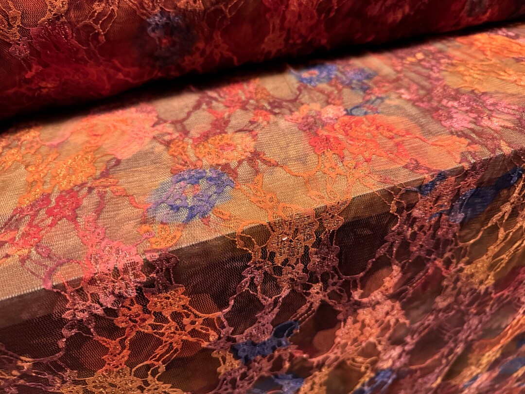 Stretch Spandex Mesh Lace Fabric, per Metre - Burnt Orange, Wine & Blue ...