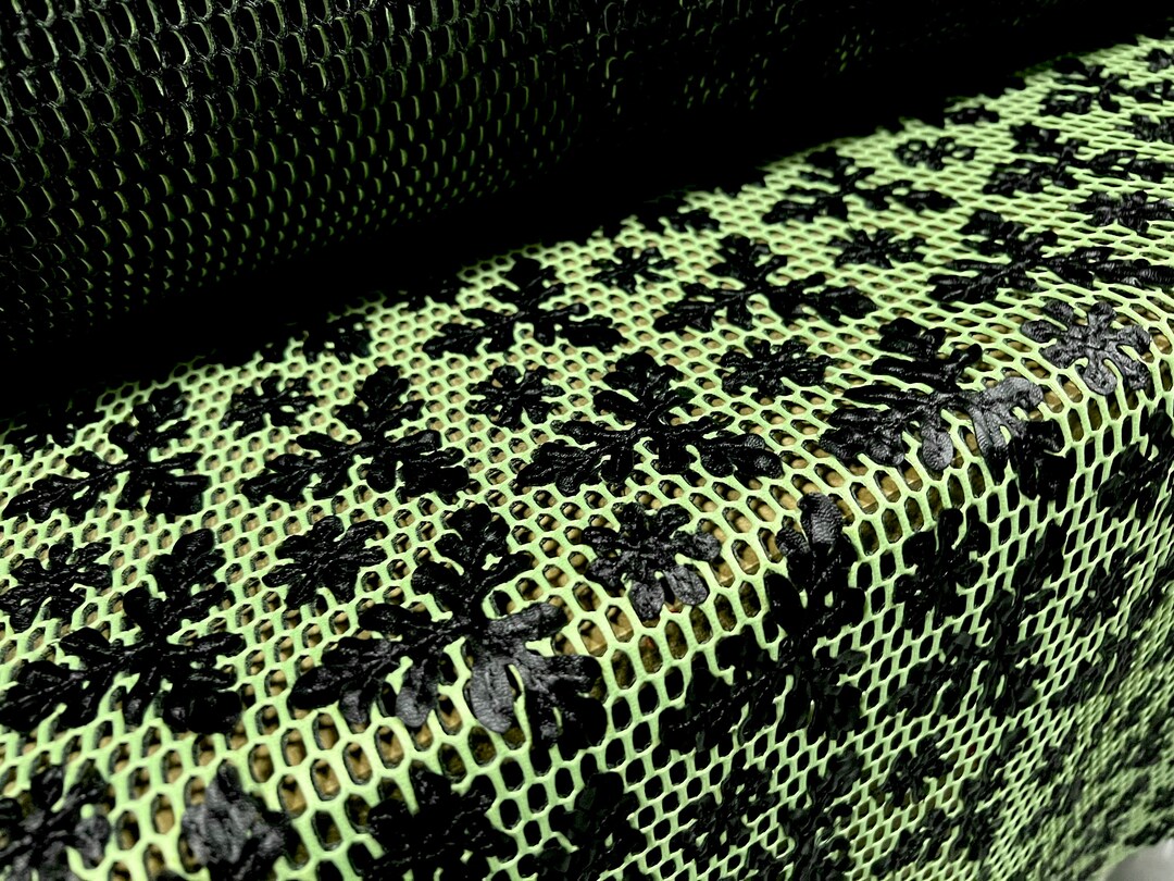 Couture 3D Fishnet Fabric, per Metre - Floral Appliqué - Black on Green ...