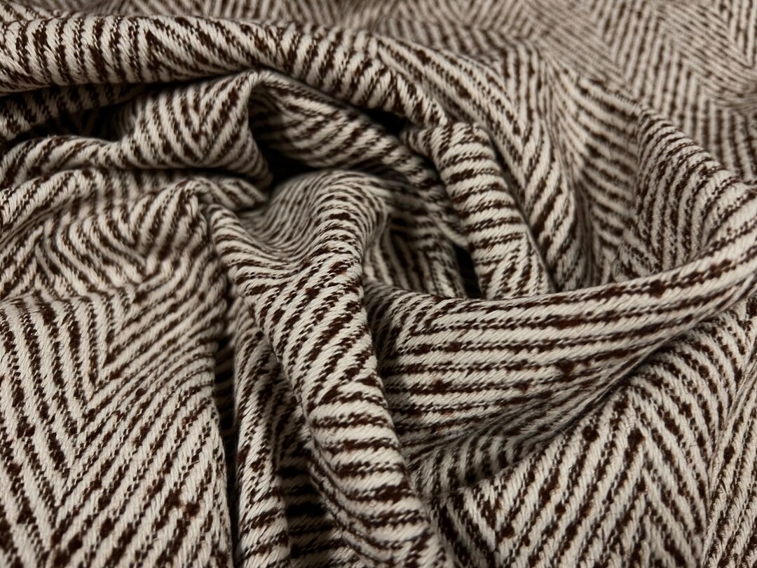 Wool Blend Jacquard Fabric, per Metre - Herringbone Slub - Brown & Ecru ...