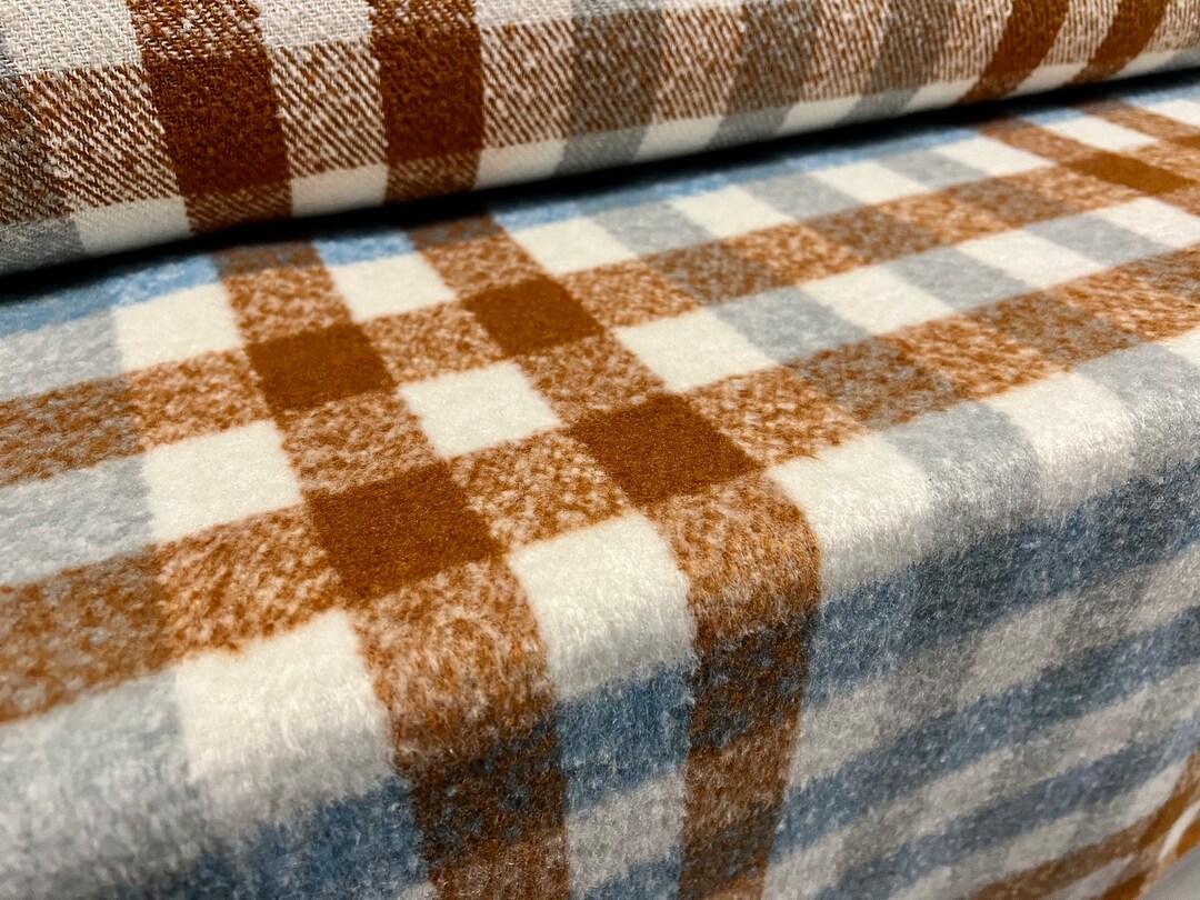 Wool Mouflon Flannel Brushed Woven Fabric, per Metre Check Blue White ...
