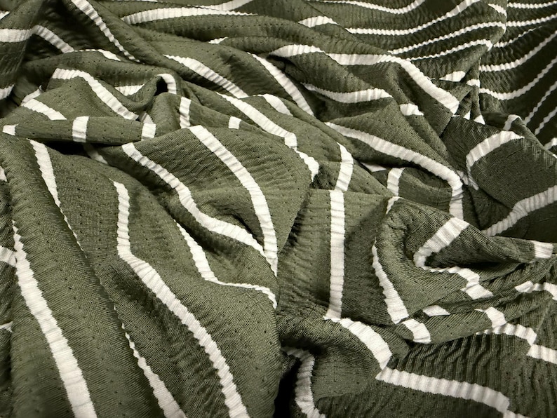 Stretch Crinkle Jersey Fashion Fabric, per Metre - Stripe - Khaki Green ...