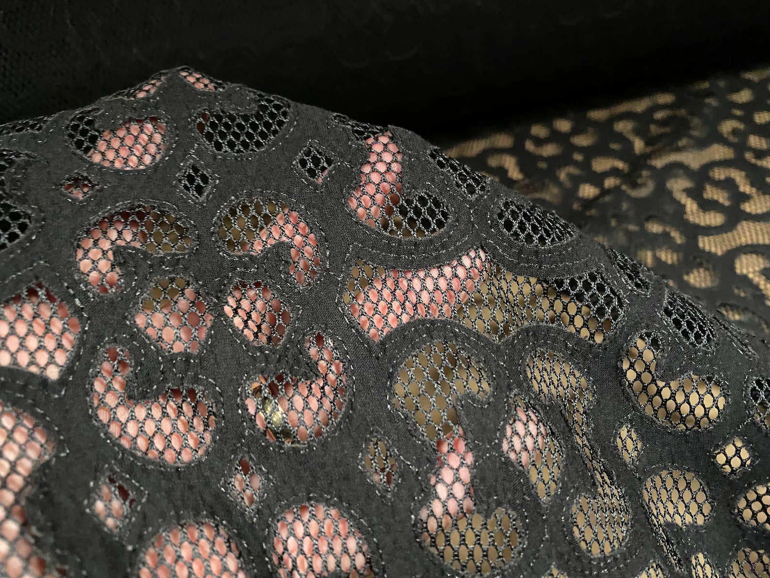 Couture Fishnet Fabric With Damask Swirl Appliqué, per Metre - Black on ...