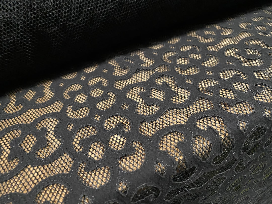 Couture Fishnet Fabric With Damask Swirl Appliqué, per Metre - Black on ...