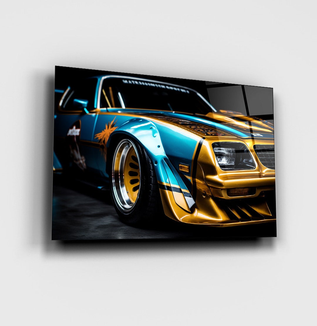 Blue & Golden Detail: 1980 Trans AM Racing Car Close-up Glass Print ...