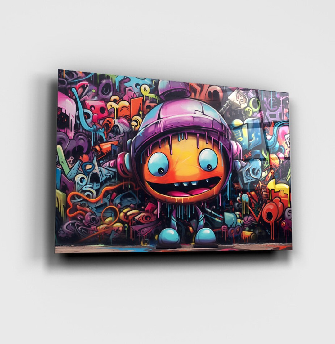 Aliens Graffiti Abstract Artwork: Glass Print Wall Art - Futuristic ...