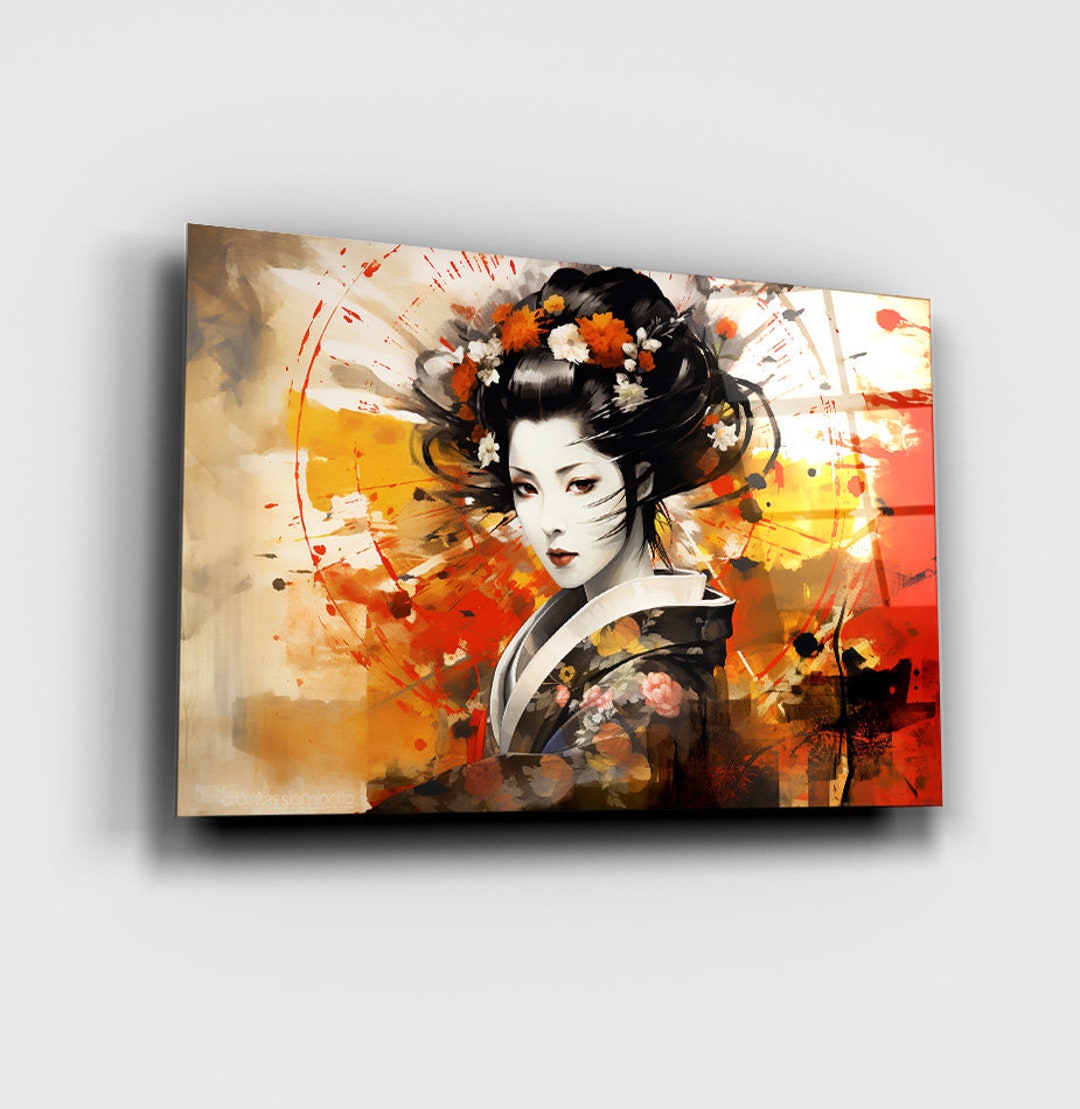 Stylish Geisha Abstract Vibrant Colors, Glass Wall Art Decor, Modern ...