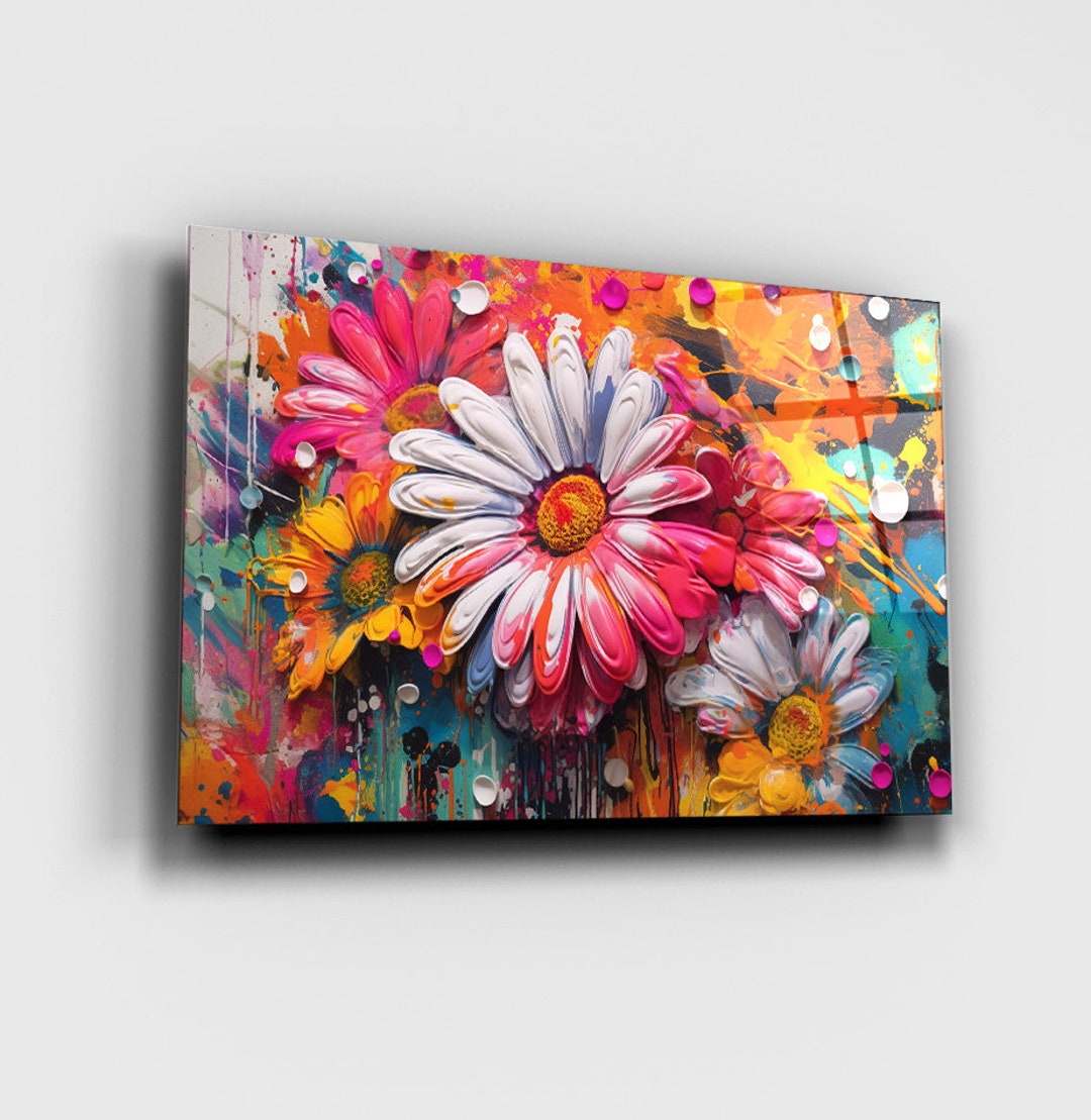 Daisy Graffiti Abstract Artwork: Glass Print Wall Art - Vibrant Blooms ...