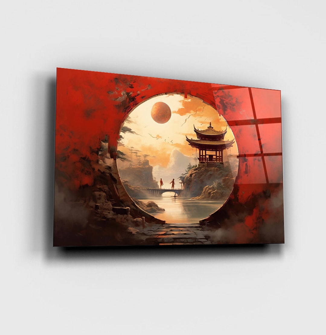 Ancient Japanese Portal Glass Wall Art Vibrant Colors - Abstract Decor ...