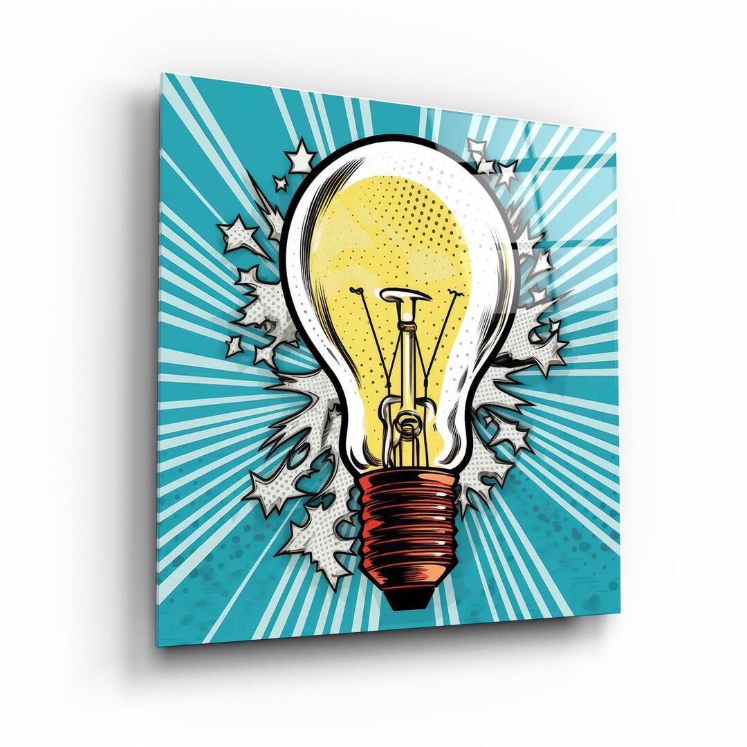 Eureka! Brilliant Ideas: Light Bulb Comic Pop Art - High-quality Tempered Glass Print for ...