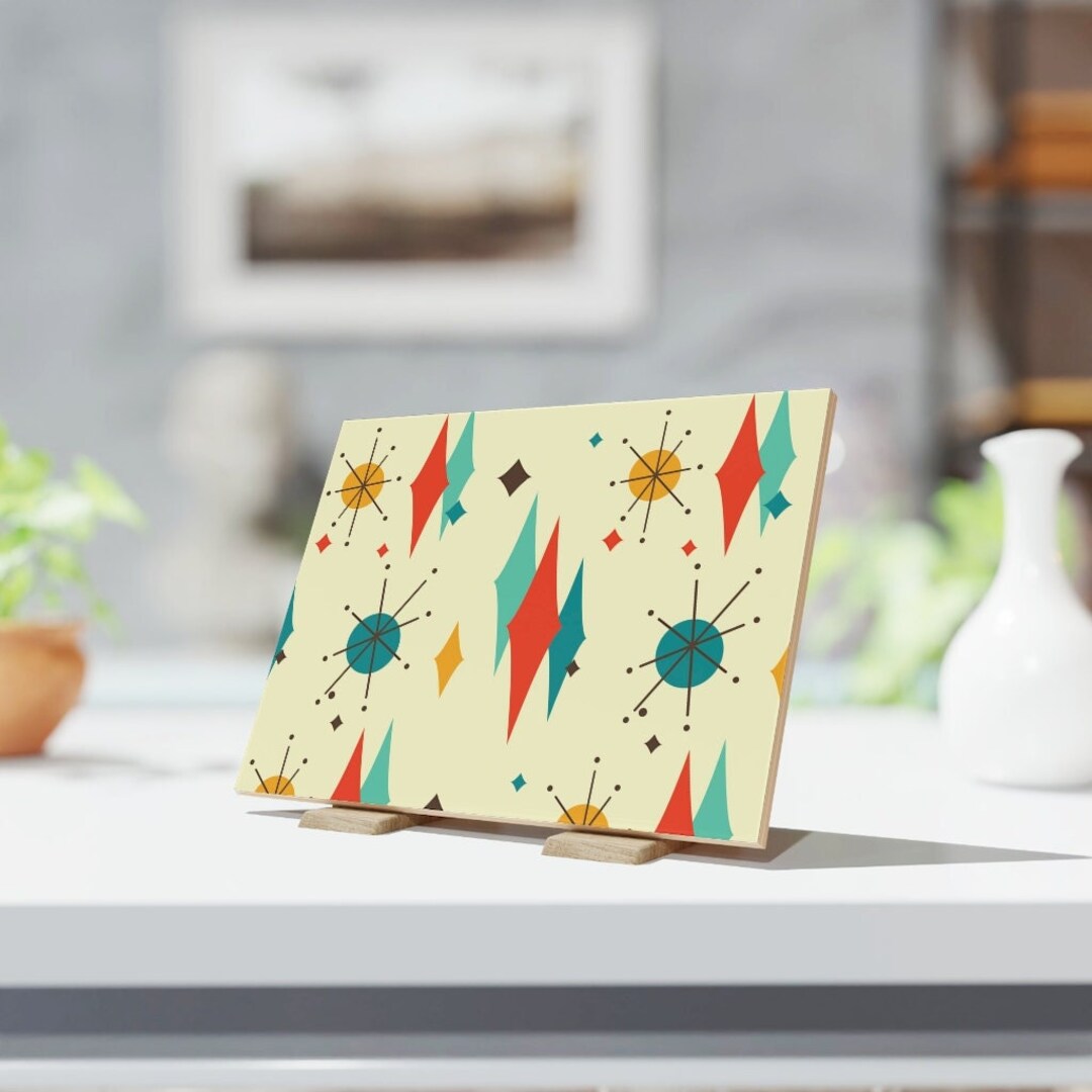 Mid Century Modern Atomic Starbursts & Teal Red Diamonds 6x8 Ceramic ...