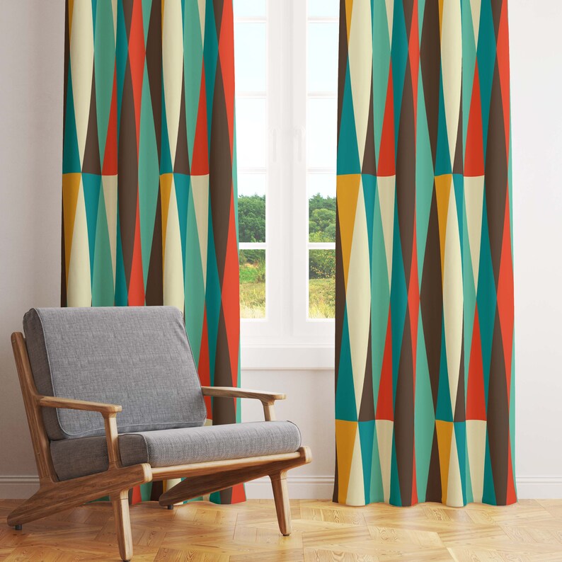 Mid Century Modern Geometric Stripes Retro Window Curtains in Red, Teal ...