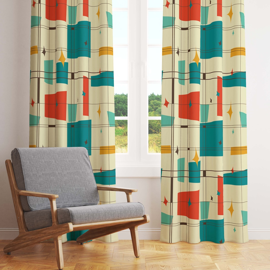 Mid Century Modern Abstract Squares & Lines Window Curtains in Teal ...