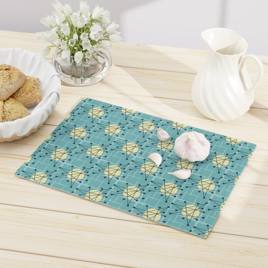 Mid Century Modern Atomic Starbursts and Cream Amoebas on Teal Glass ...