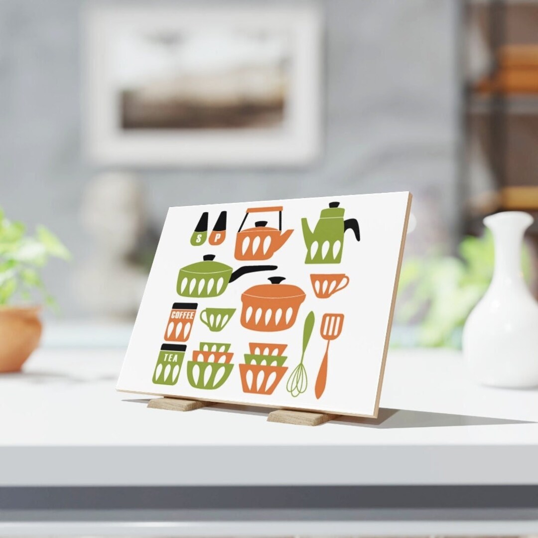 Mid Century Scandinavian Kitchen Utensils 6x8 Ceramic Tile. Great as ...