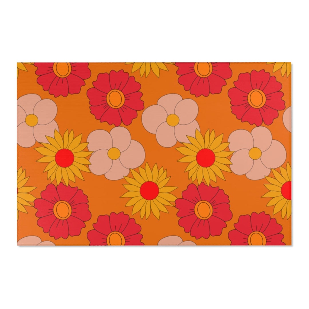 70s Funky Orange Daisies Retro Area Rug for Living Room Bedroom Kitchen ...