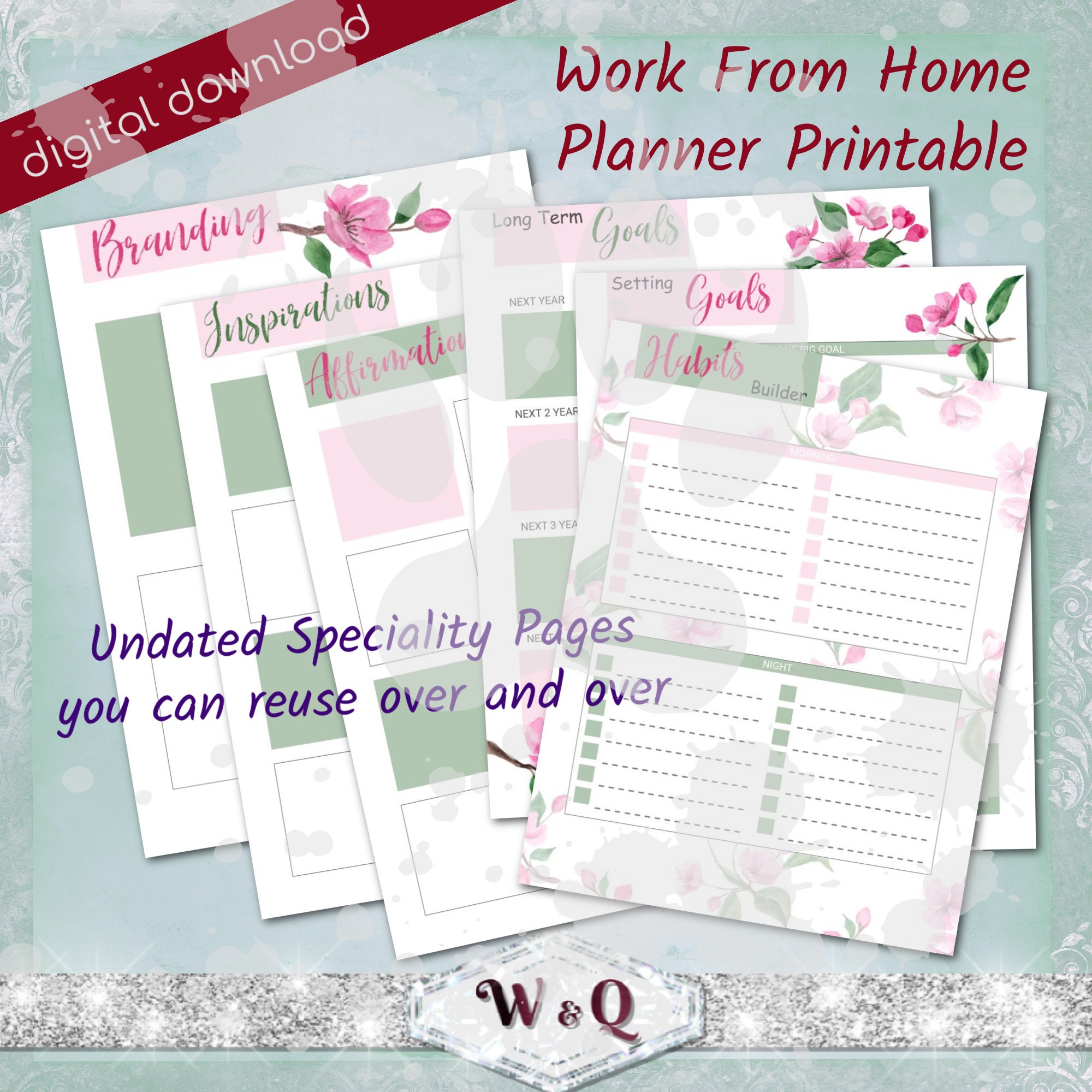 Cherry Blossom Themed Work From Home Planner in PDF Format Print or Add ...