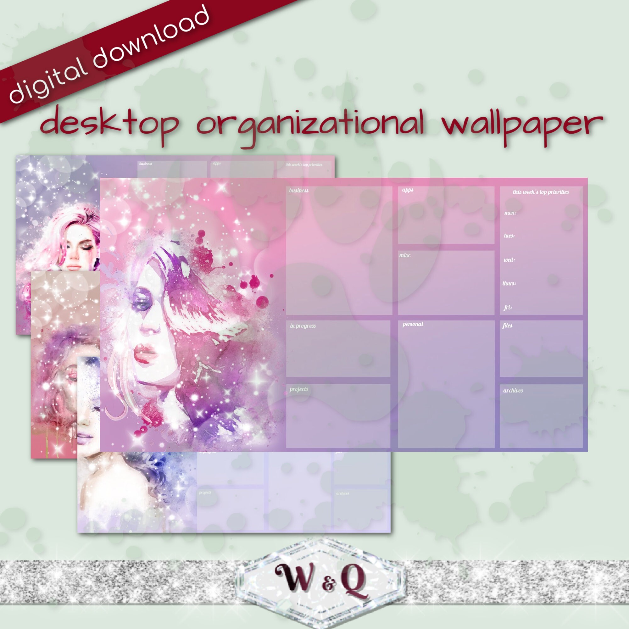 Desktop Digital Organizational Wallpaper Watercolor Girls - Etsy